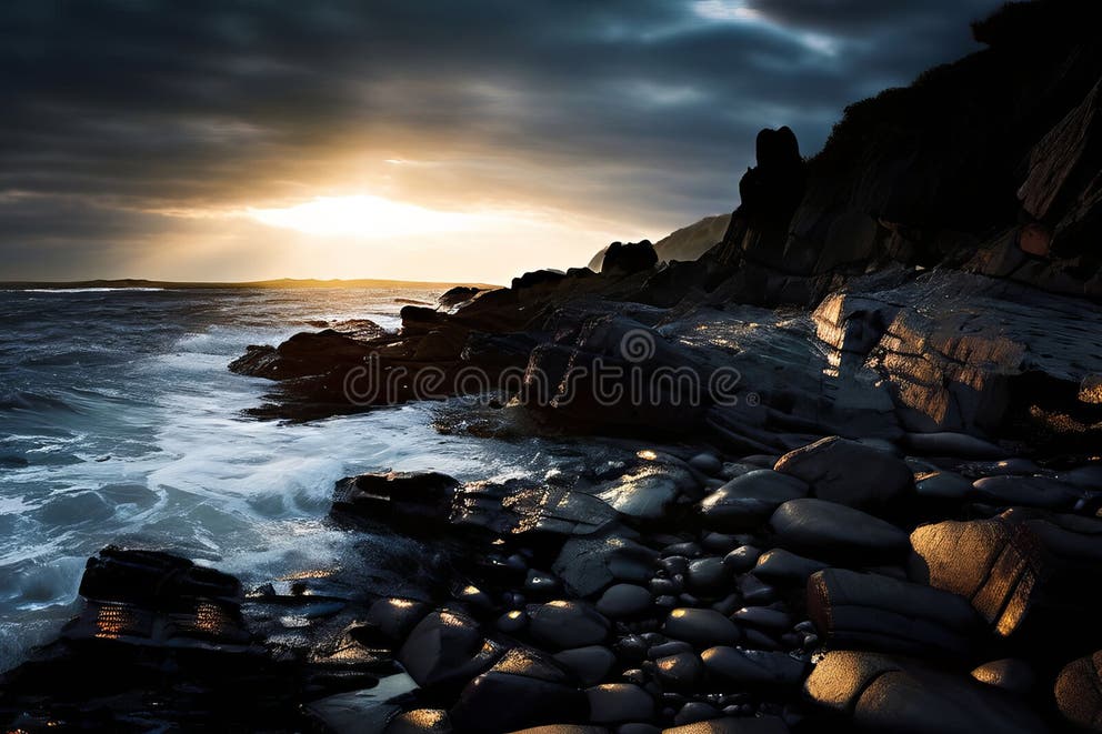 Rocky Shore Edge Lighting High Contrast Dramatic a Close Up of a Stock ...