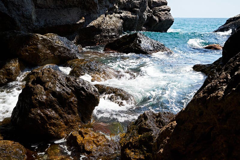 Rocky shore. Tidal bore stock photo. Image of nature - 243655776