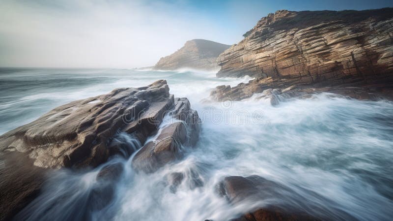 A Rocky Shore with Waves Crashing Against the Rocks and a Cliff in the ...