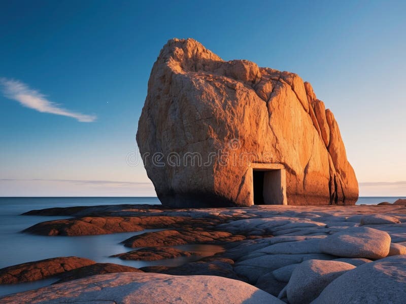 A Rocky Shoreline with a Large Rock Formation and a Small Opening Stock ...