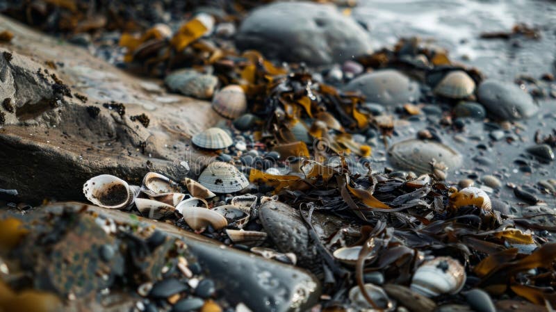 A Rocky Shoreline Littered with Bits of Seaweed and Cracked Open Shells ...
