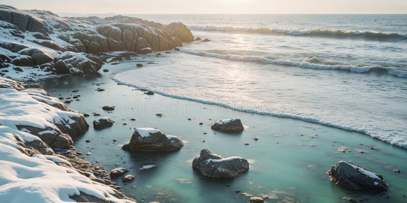 A Rocky Shoreline with Snow on the Ground and Rocks in the Water Stock ...