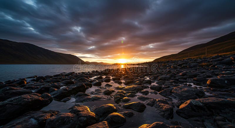 Rocky Shoreline at Sunset with Dramatic Clouds Overhead. Stock ...