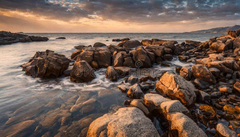 Rocky Shores at the Sea Sunset Light Stock Illustration - Illustration ...