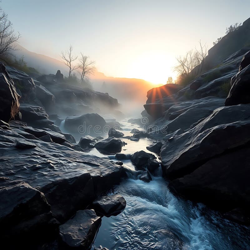 Rocky Stream with Mist and Dawn Light Stock Illustration - Illustration ...