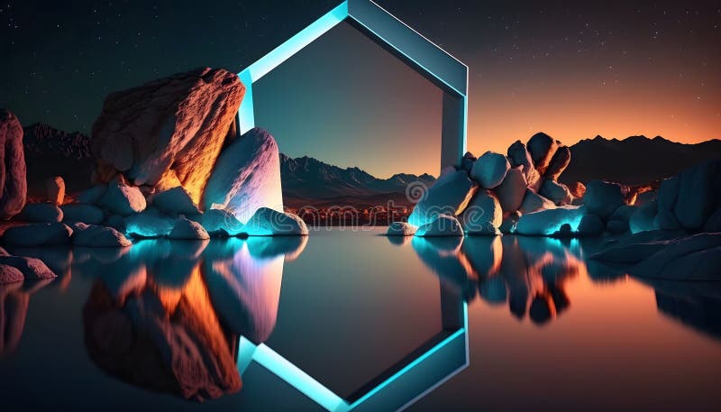 Rocky Terrain Illuminated by a Blue Mirror Reflecting a Star-filled ...