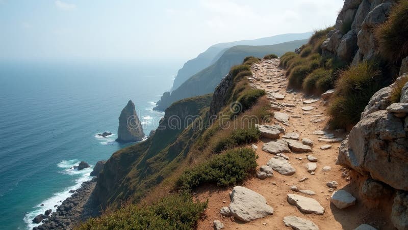 Rocky Trail Along Cliff Edge Overlooking Ocean Stock Illustration ...