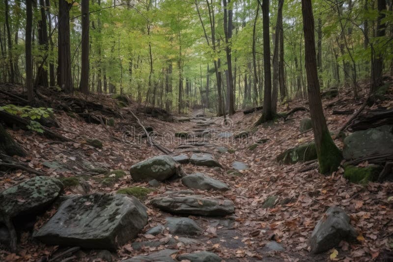 Rocky Trail through Forest with Clear and Visible Markers Stock Photo ...