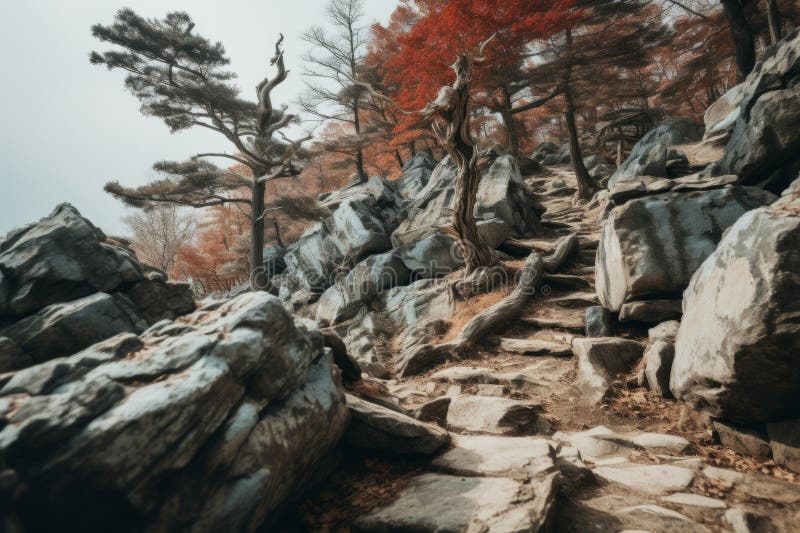 Rocky Trail in the Mountains with Red Trees Stock Illustration ...