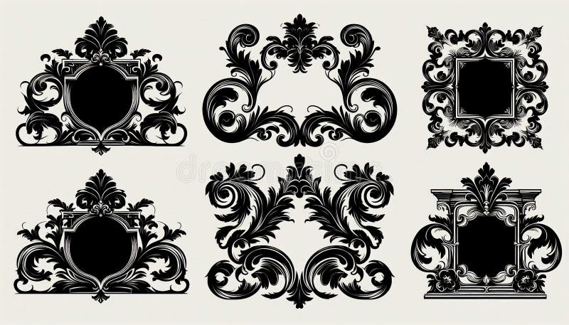 Rococo Floral Scroll and Frame Border Silhouette Ornament Stock Vector ...