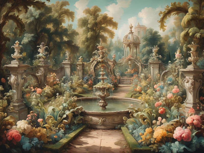 A Rococo Painting of a Garden with Abstract Elements and High ...