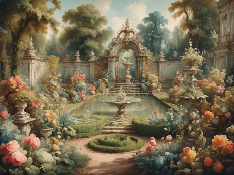 A Rococo Painting of a Garden with Abstract Elements and High ...