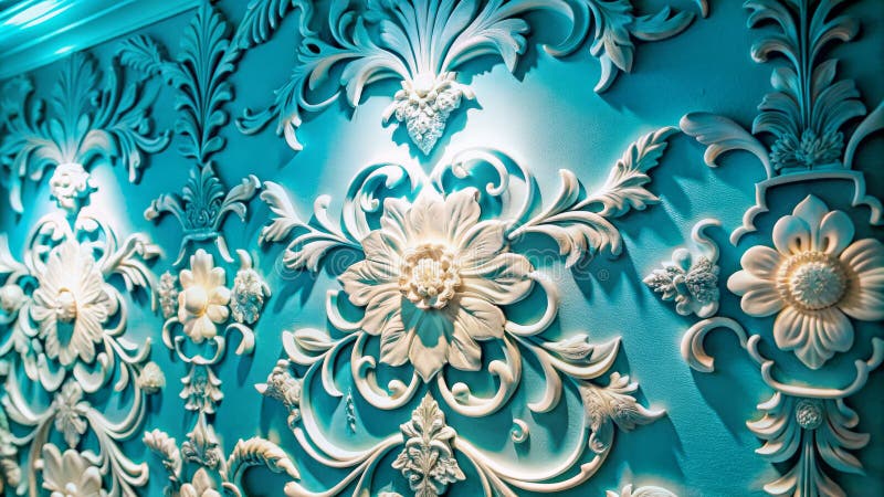 Rococo Relief Teal Wall, White Floral, Plaster Composition Stock ...