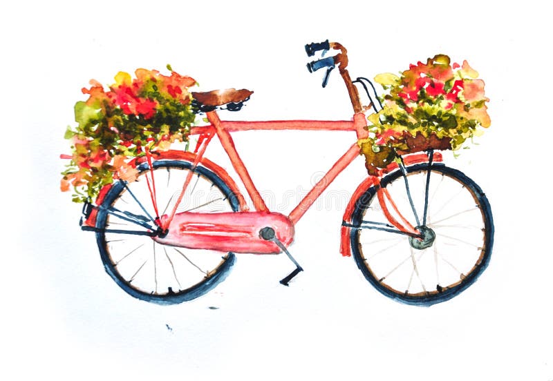 Rode Fiets Met Bloemen Op Wit Stock Illustratie - Illustration of decor ...