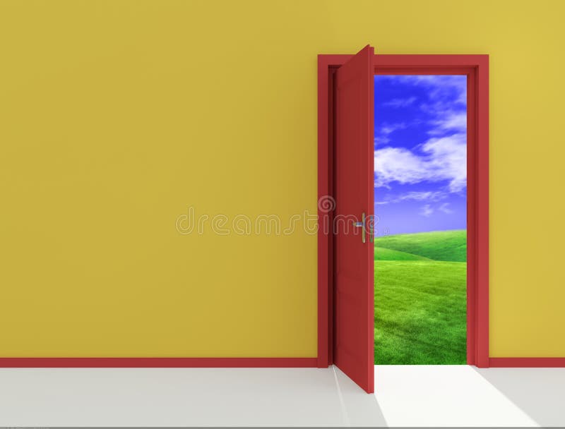 Blauwe Open Deur Die Aan Overzees Landschap Buiten Kijkt Stock ...