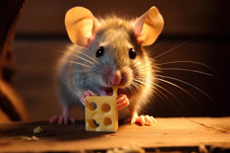 A Rodent with Ears, a Domestic Pest. a Gray Mouse Eats Cheese Stock ...