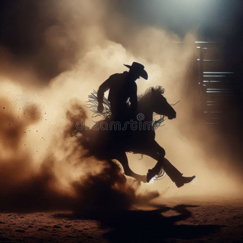 Rodeo Cowboy Silhouette in Action, Surrounded by a Big Dust Cloud Stock ...