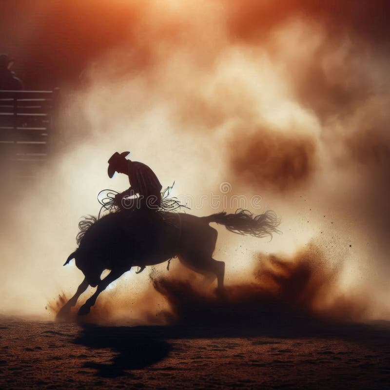 Rodeo Cowboy Silhouette in Action, Surrounded by a Big Dust Cloud Stock ...