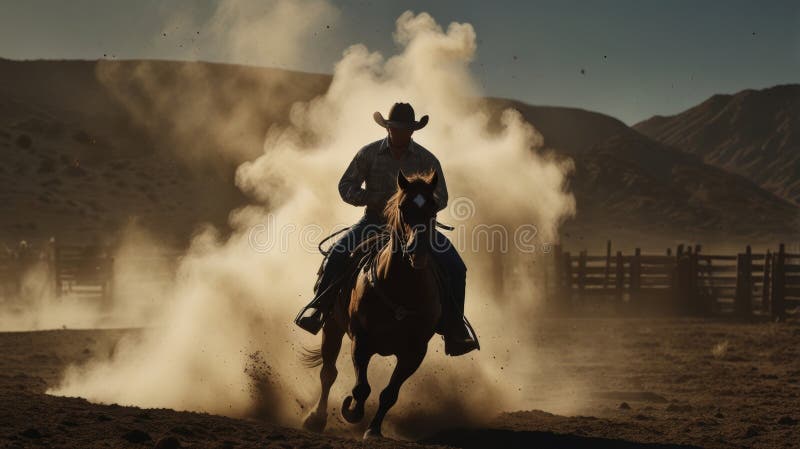 Rodeo Cowboy Silhouette in Action, Surrounded by a Big Dust Cloud Stock ...