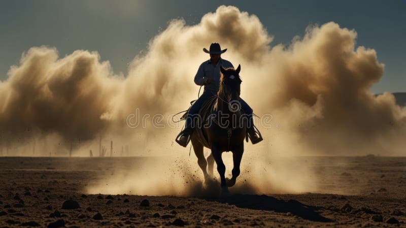 Rodeo Cowboy Silhouette in Action, Surrounded by a Big Dust Cloud Stock ...