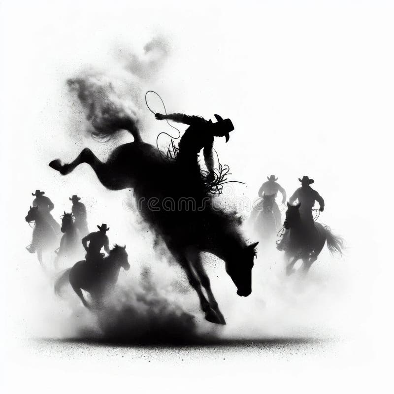 Rodeo Cowboy Silhouette in Action, Surrounded by a Big Dust Cloud Stock ...