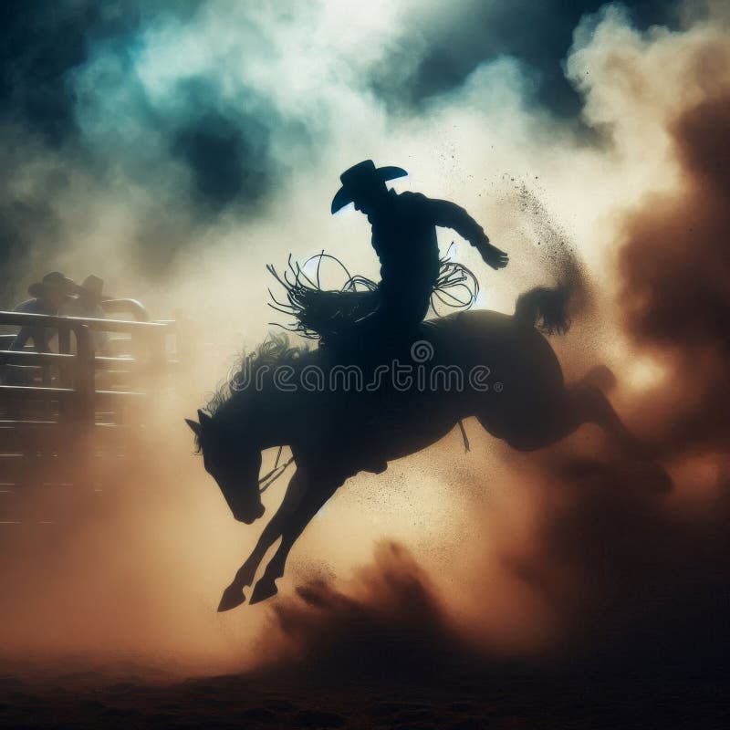 Rodeo Cowboy Silhouette in Action, Surrounded by a Big Dust Cloud Stock ...