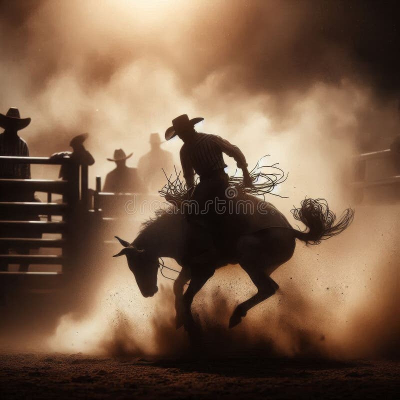 Rodeo Cowboy Silhouette in Action, Surrounded by a Big Dust Cloud Stock ...
