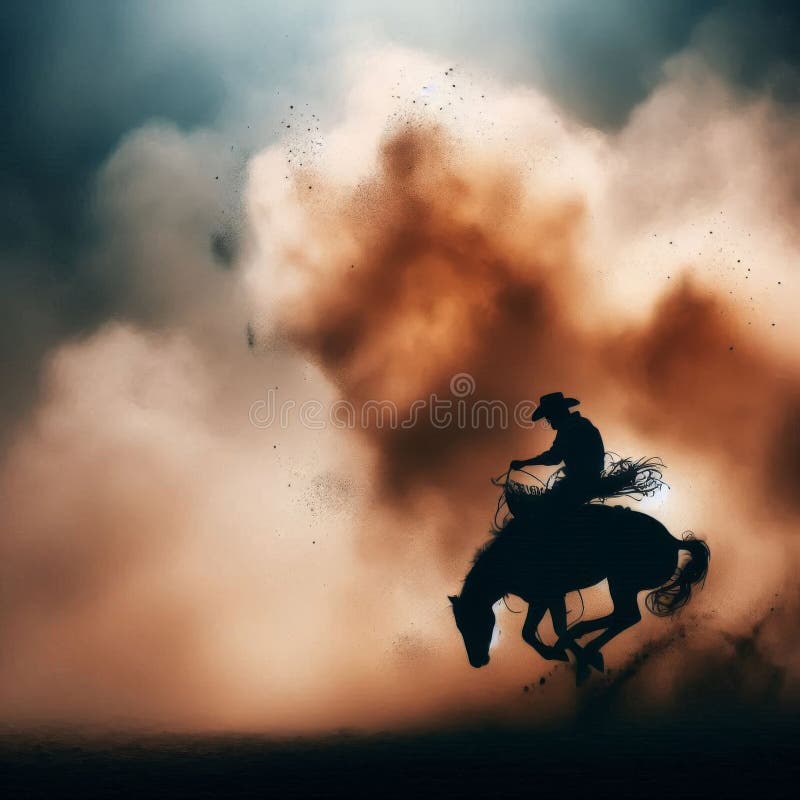 Rodeo Cowboy Silhouette in Action, Surrounded by a Big Dust Cloud Stock ...
