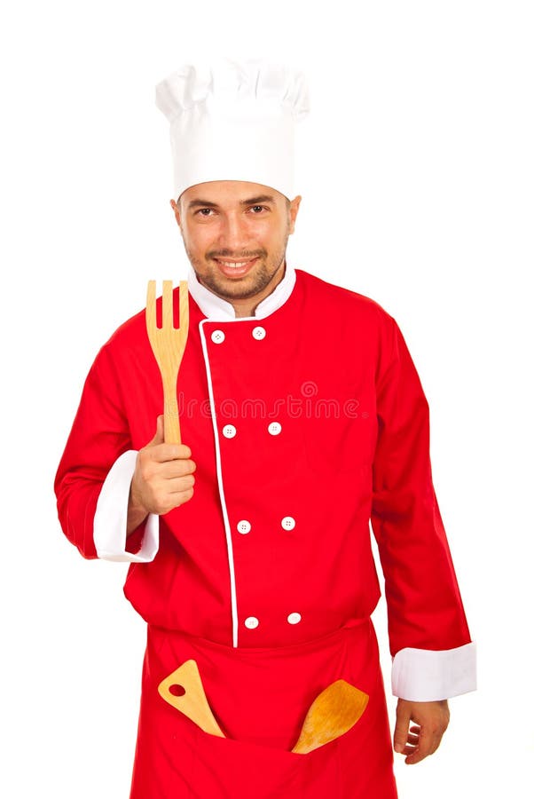 Rolig Kock Som Visar Träredskap Arkivfoto - Bild av framsida, rött ...