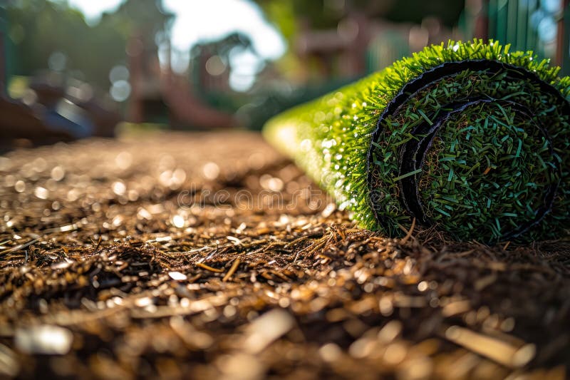 Roll of Artificial Grass on Playground. Stock Image - Image of leisure ...