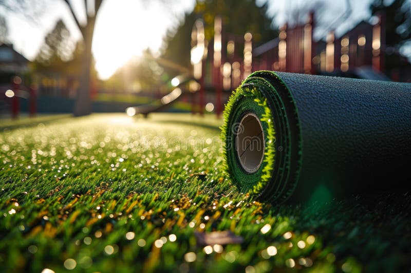 Roll of Artificial Grass on Playground. Stock Image - Image of ...