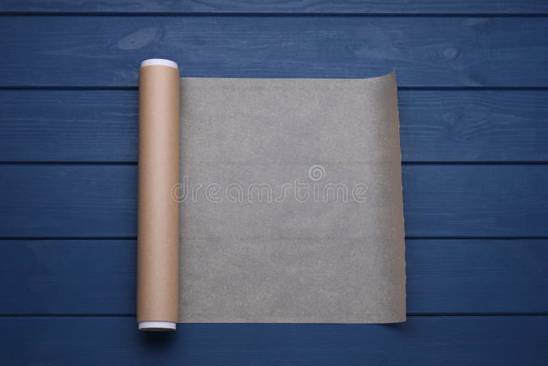 Roll of Baking Paper on Blue Wooden Table, Top View Stock Image - Image ...