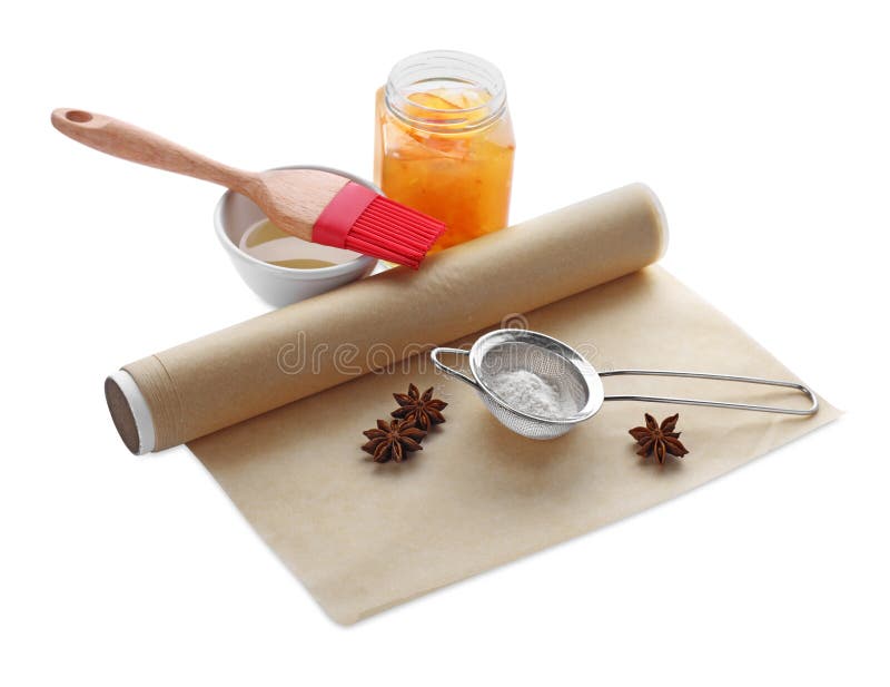 Roll of Baking Parchment Paper and Different Ingredients Isolated on ...