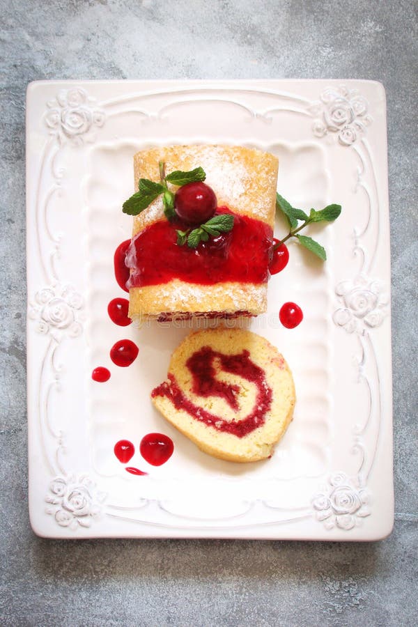 Roll Biscuit with Berry Fruit Jam and Cherries Stock Image - Image of ...