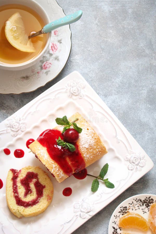 Roll Biscuit with Berry Fruit Jam and Cherries Stock Image - Image of ...