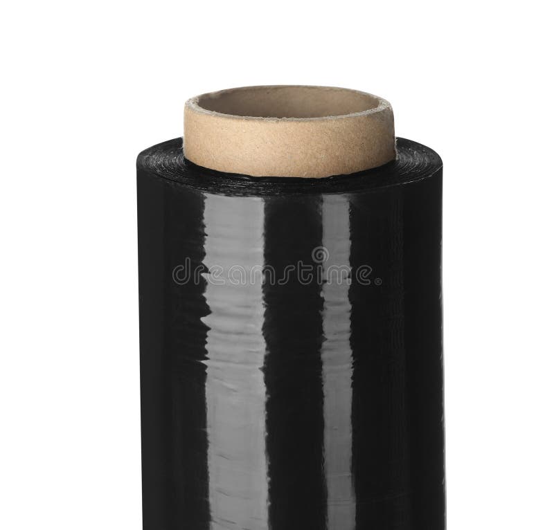 Roll of Black Plastic Stretch Wrap Film Isolated on White, Closeup ...