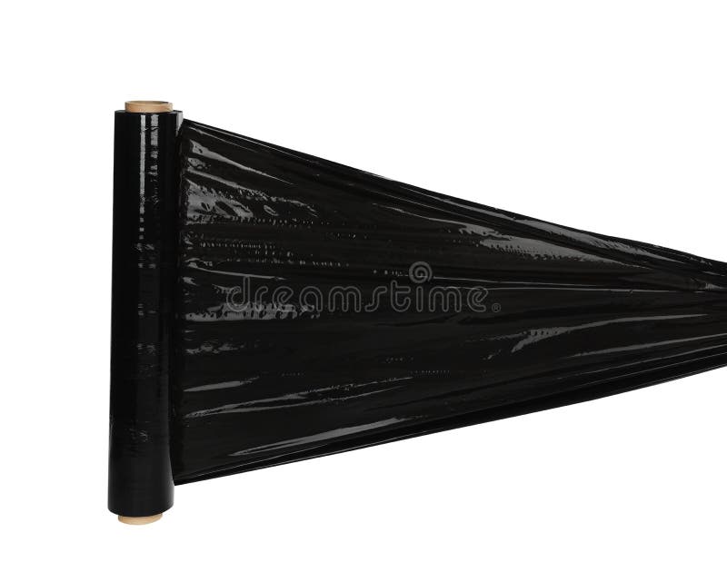 Roll of Black Plastic Stretch Wrap Film Isolated on White, Closeup ...