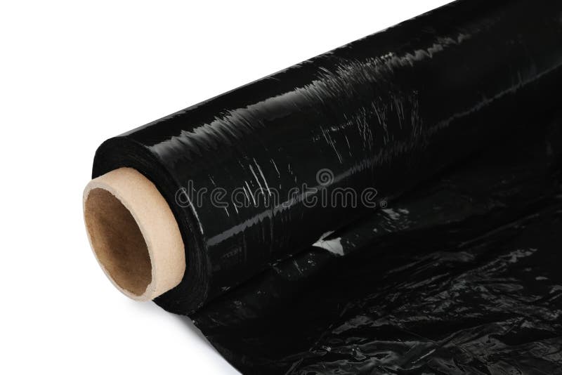 Roll of Black Stretch Wrap Isolated on White, Closeup Stock Photo ...