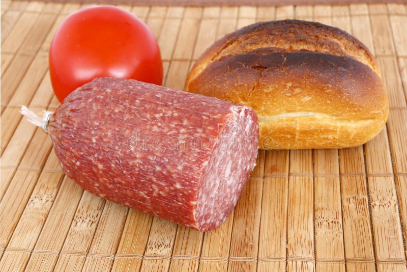 Roll Bread , Salami and Tomato Stock Photo - Image of food, gastronomy ...