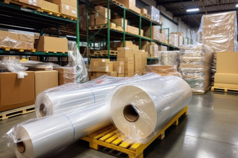 Roll of Clear Plastic Sealing Wrap on a Warehouse Floor Stock Image ...