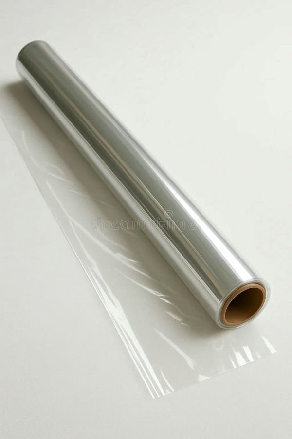 Roll of Transparent Plastic Wrap with Silver Sheen on White Surface ...