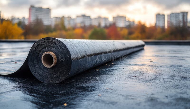 Roll of Dark Roofing Material on a Rooftop Cityscape in Background ...