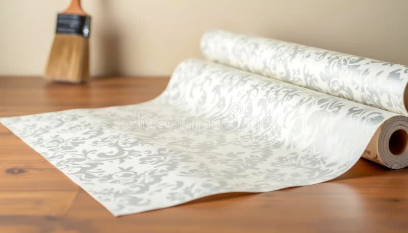 Roll of Decorative Wallpaper with Subtle Gray Floral Pattern on Wooden ...