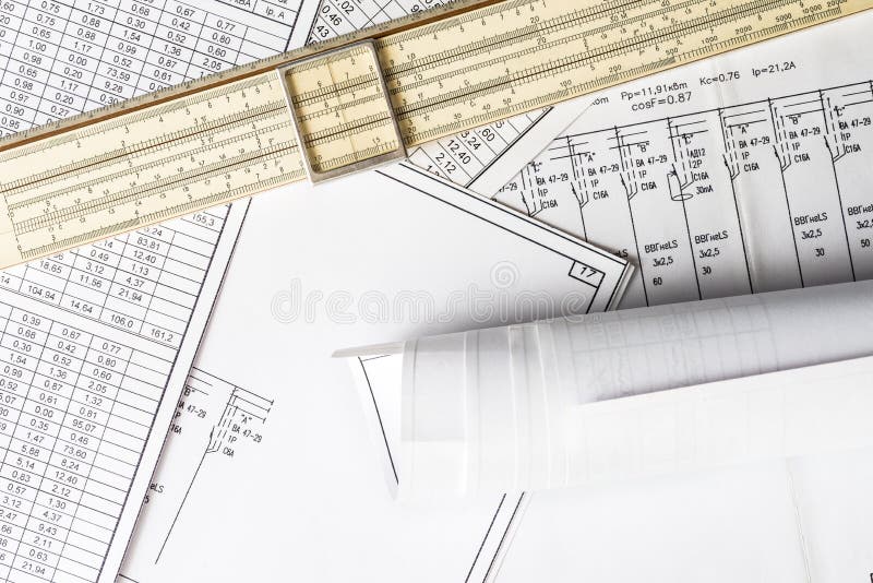 Slide Rule with Diagrams and Drawing Tools on the Table Stock Image ...