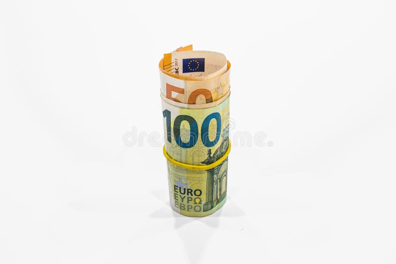 Roll of Euro Notes in the Elastic Band. EU Banknotes in a Money Roll ...