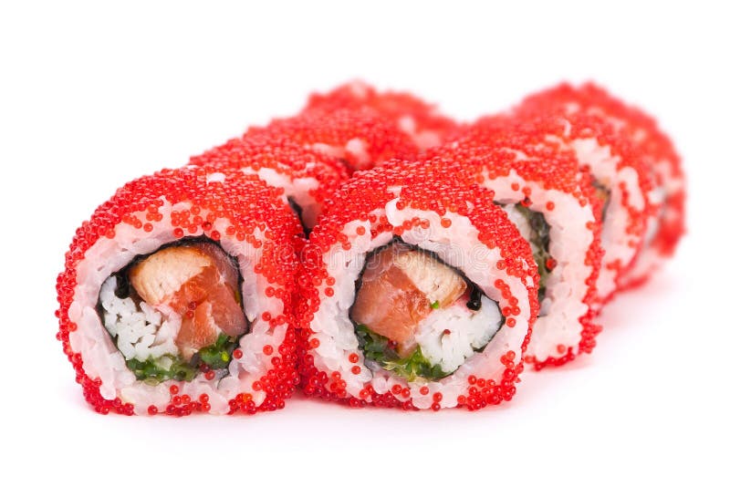 Roll with Flying Fish Caviar Stock Photo - Image of rice, japanese ...