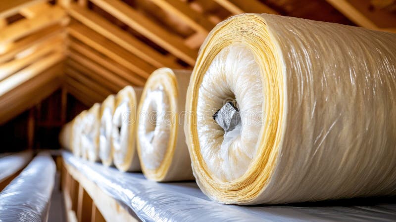 Roll of Insulation Material in Attic for Home Renovation Stock ...