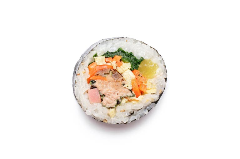 Roll of Korean Kimbap on White Background, Top View. Stock Image ...