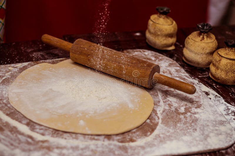 Roll Out Dough with Rolling Pin. Making Bread Stock Image - Image of ...