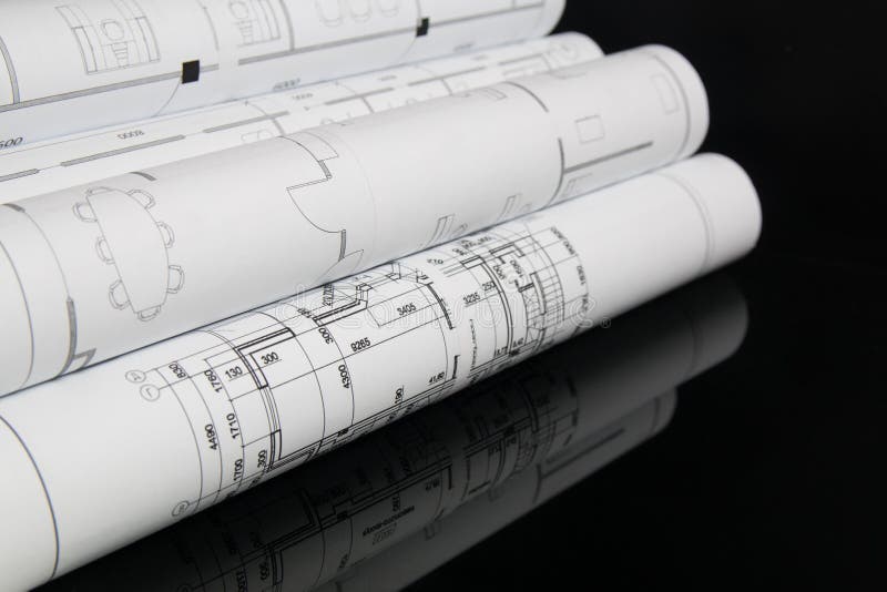 Roll of Paper Architectural Drawings and Blueprint. Stock Photo - Image ...